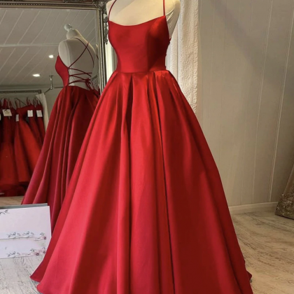 SIMPLE RED SATIN LONG PROM DRESS, RED EVENING DRESS on Luulla