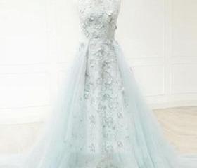 Sky Blue Tulle Long Train Evening Dress, Long Removable Tulle Applique ...