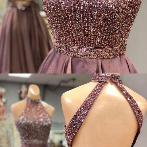 Halter Beaded Open Back Short Homecoming Dress Custom Made Satin ...
