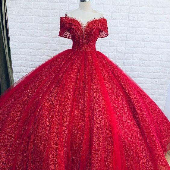 Red Queen Style Sleeves Red Sparkle Ball Gown Wedding Dress With ...