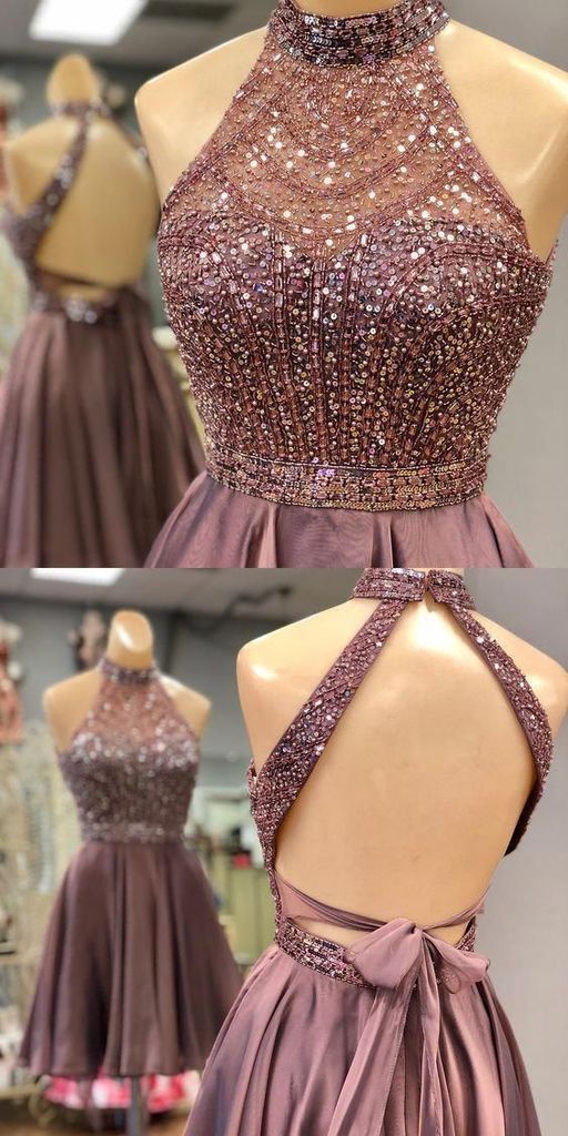 Halter Beaded Open Back Short Homecoming Dress Custom Made Satin ...