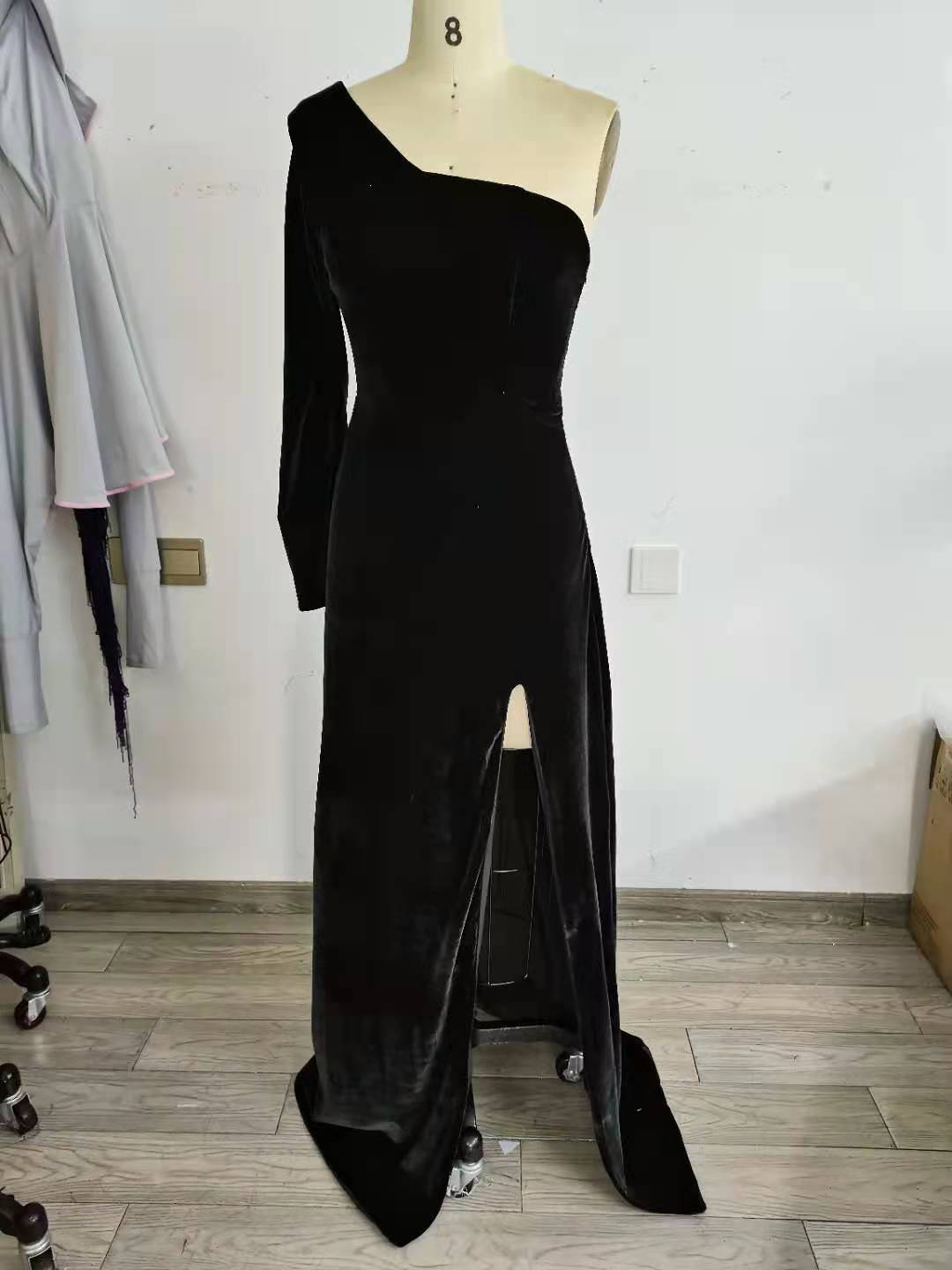 One Shoulder Black Velvet Prom Dress With Split on Luulla