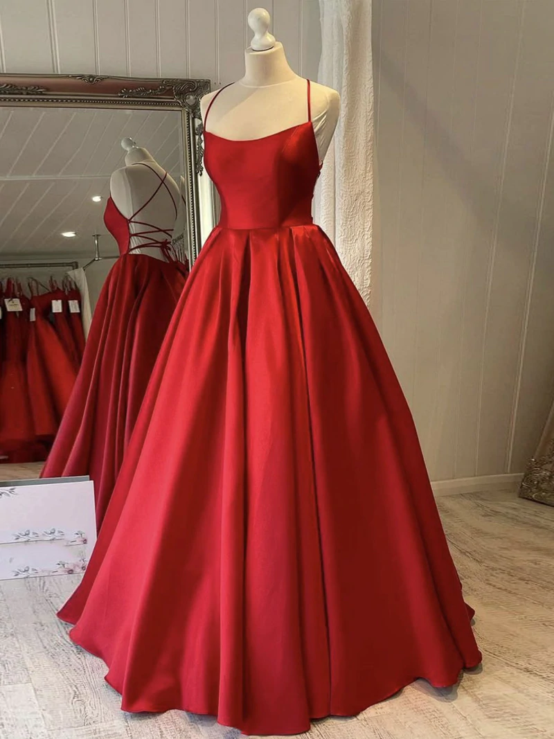 SIMPLE RED SATIN LONG PROM DRESS, RED EVENING DRESS on Luulla